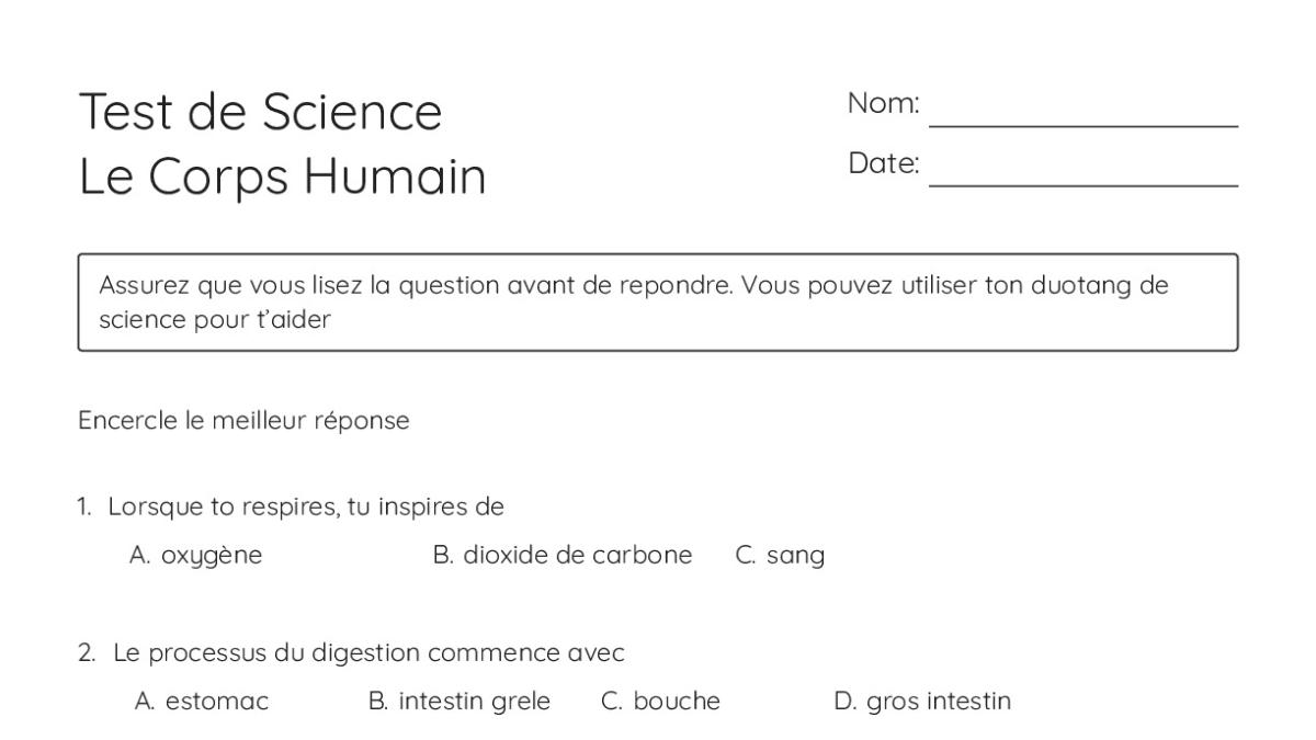 Test de Science Le Corps Humain - My Worksheet Maker: Create Your Own ...