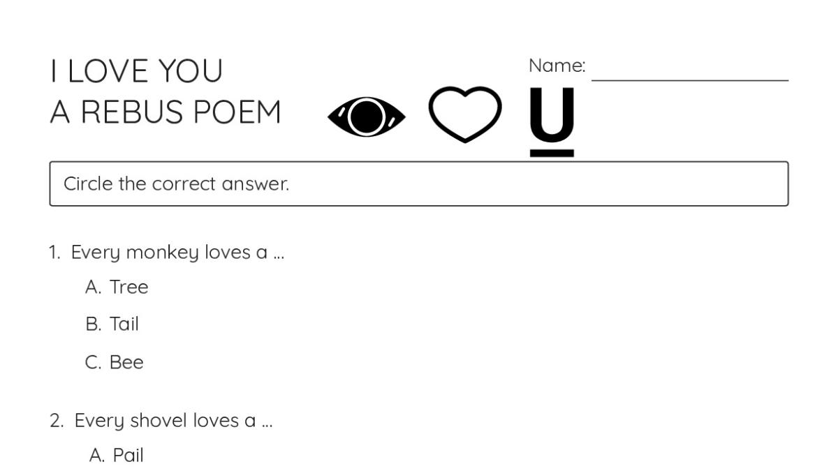 I LOVE YOU A REBUS POEM - My Worksheet Maker: Create Your Own Worksheets