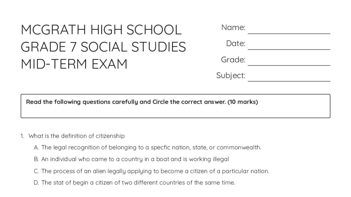 MCGRATH HIGH SCHOOL GRADE 7 SOCIAL STUDIES MID-TERM EXAM - My Worksheet ...