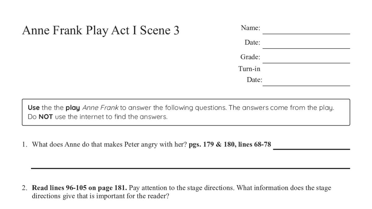 Anne Frank Play Act I Scene 3 - My Worksheet Maker: Create Your Own ...