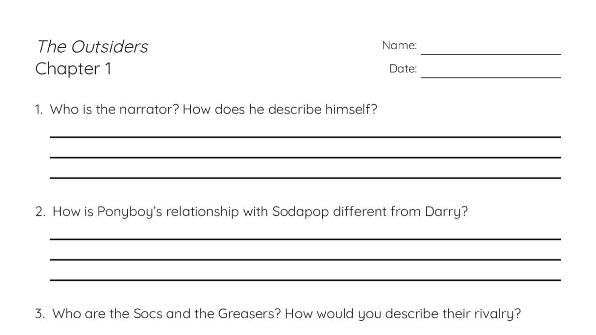 The Outsiders Chapter 1 - My Worksheet Maker: Create Your Own Worksheets