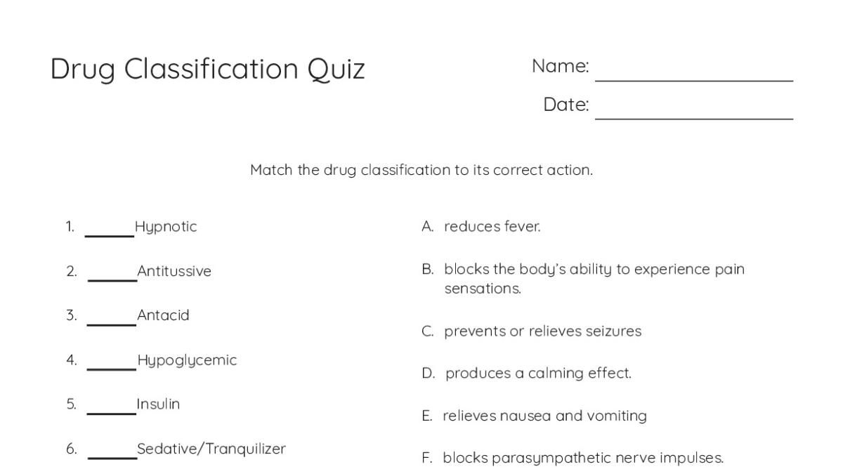 Drug Classification Quiz - My Worksheet Maker: Create Your Own Worksheets