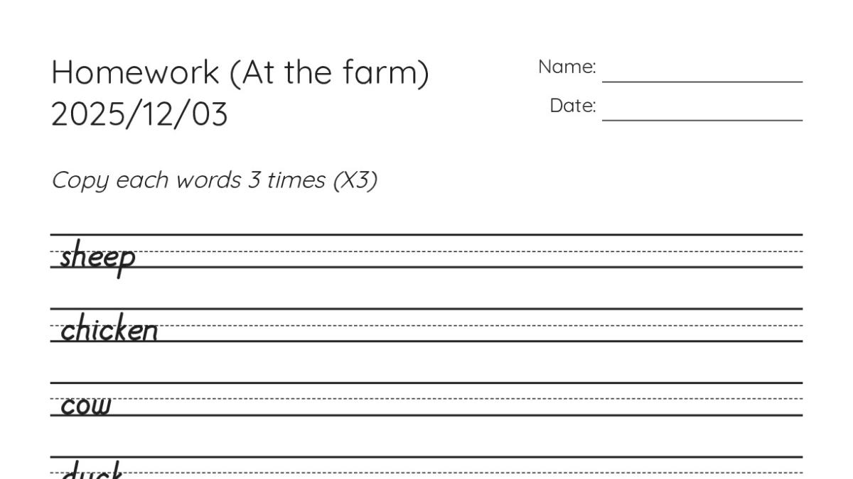Homework (At the farm) 2025/12/03 - My Worksheet Maker: Create Your Own ...