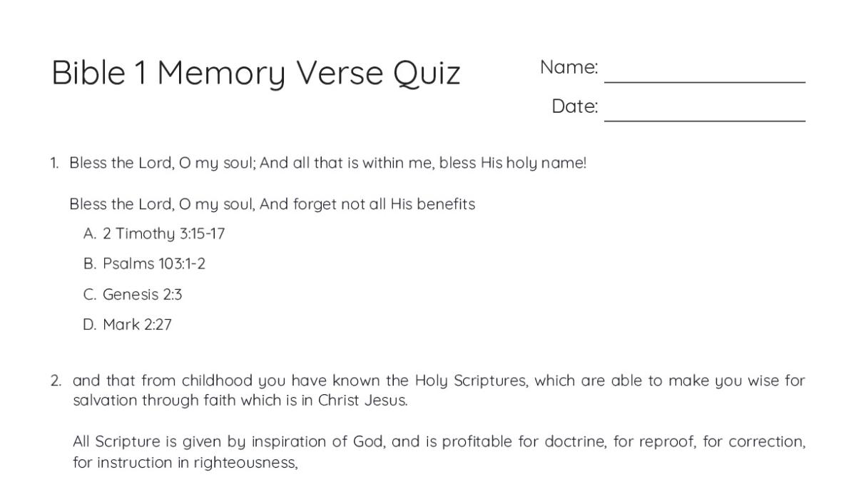 Bible 1 Memory Verse Quiz - My Worksheet Maker: Create Your Own Worksheets