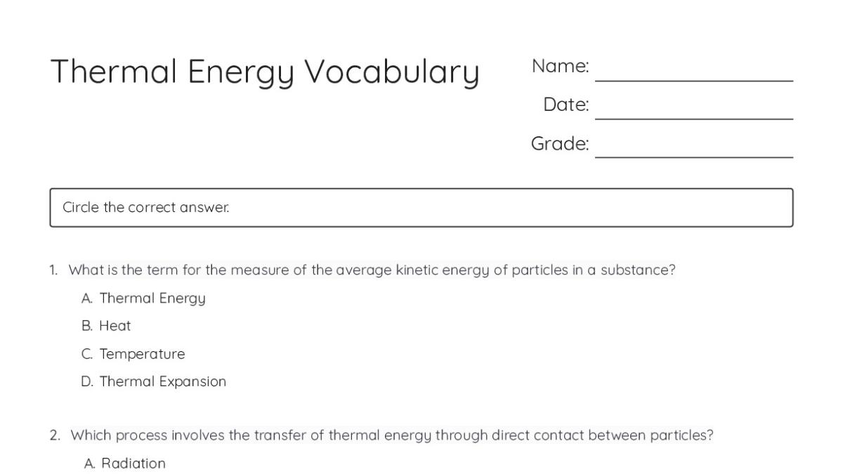 Thermal Energy Vocabulary - My Worksheet Maker: Create Your Own Worksheets