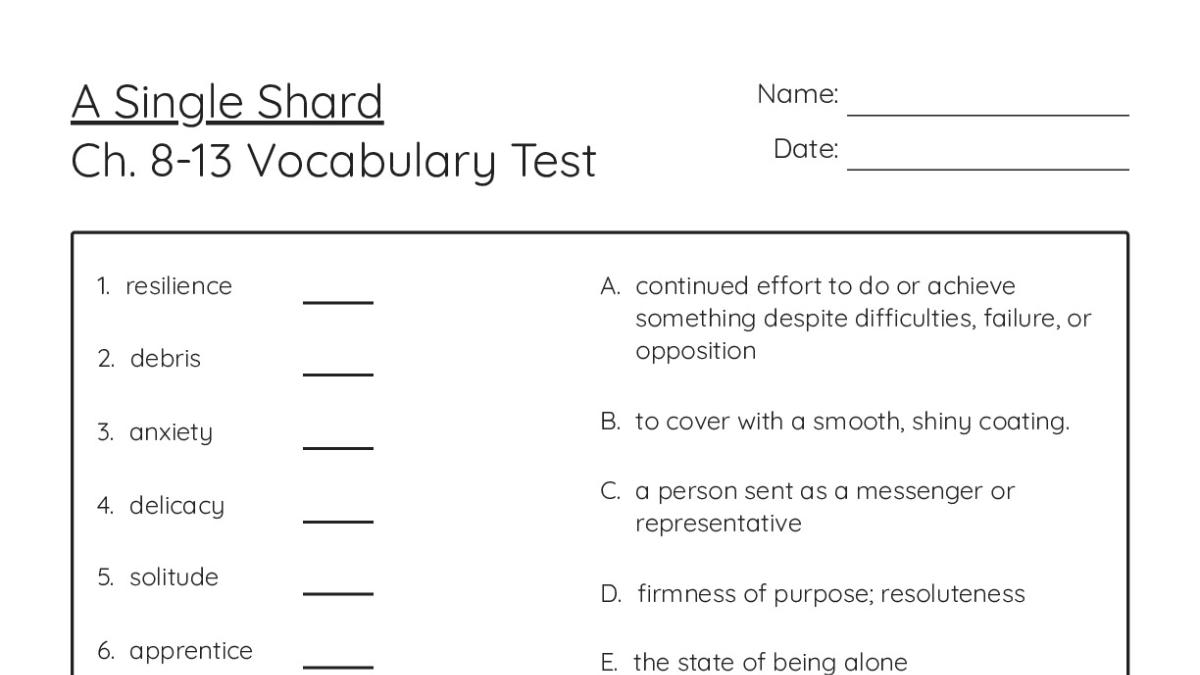 A Single Shard Ch. 8-13 Vocabulary Test - My Worksheet Maker: Create ...