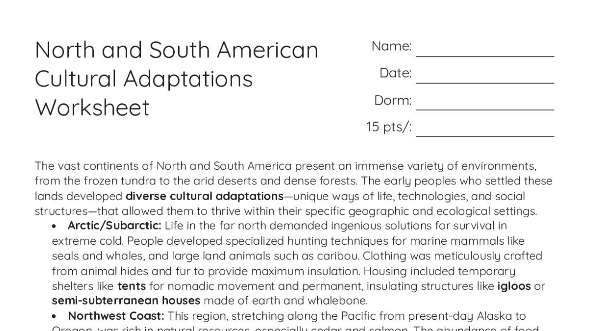 North and South American Cultural Adaptations Worksheet - My Worksheet ...