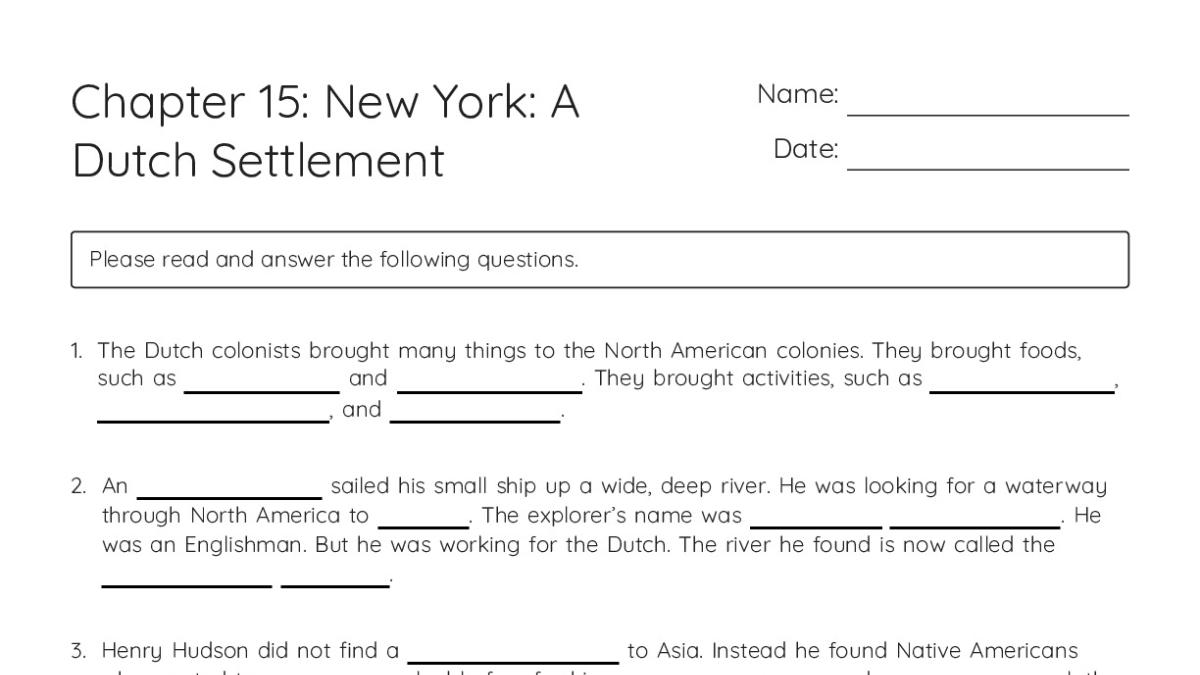 Chapter 15: New York: A Dutch Settlement - My Worksheet Maker: Create ...