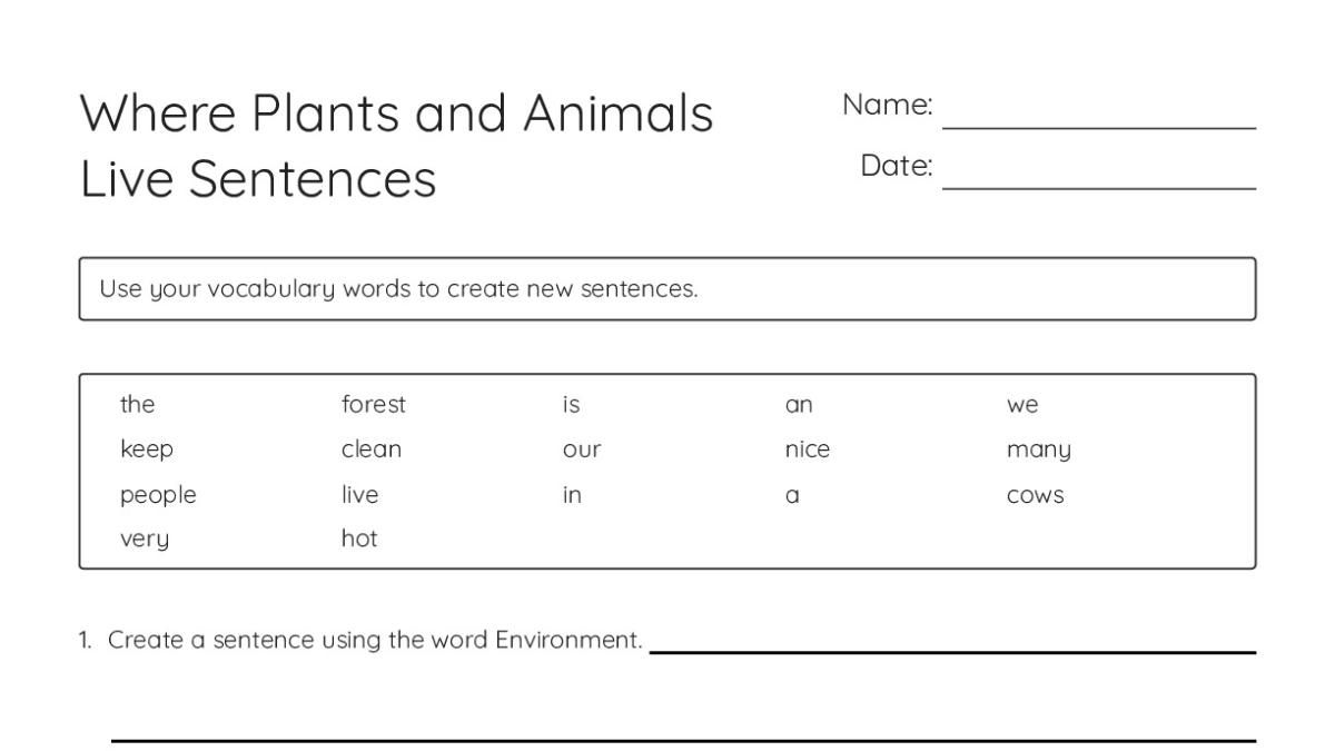 Where Plants and Animals Live Sentences - My Worksheet Maker: Create ...