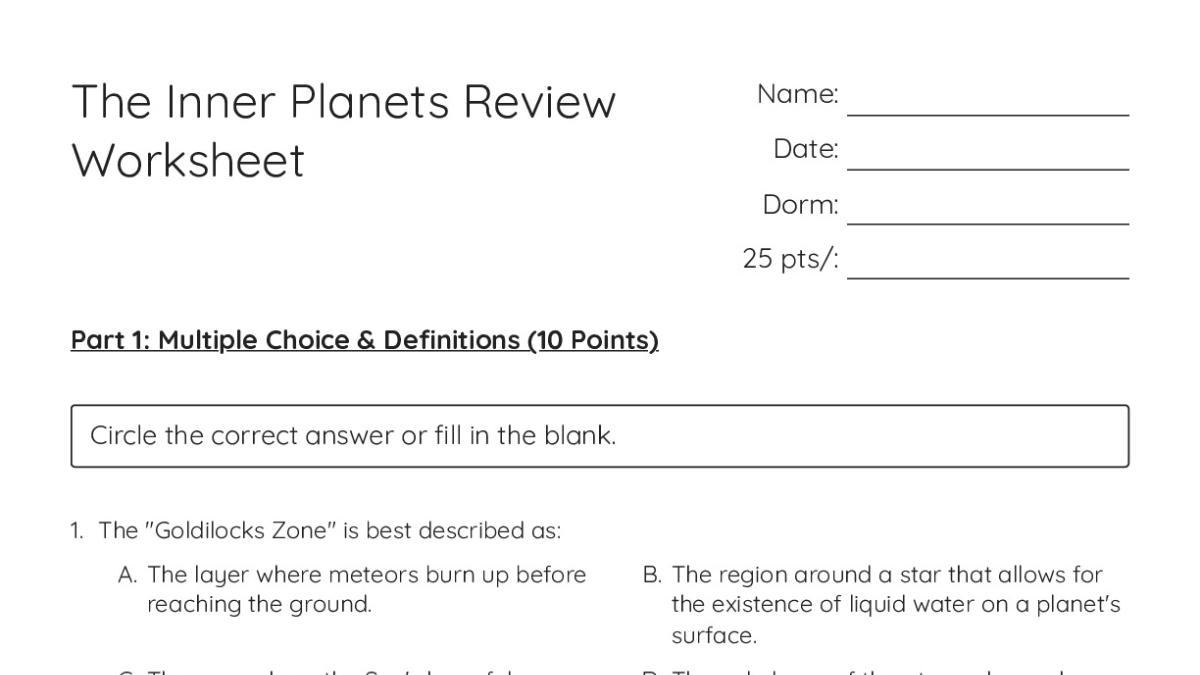 The Inner Planets Review Worksheet - My Worksheet Maker: Create Your ...