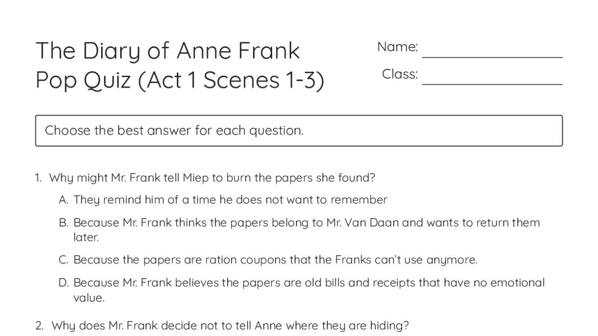 The Diary of Anne Frank Pop Quiz (Act 1 Scenes 1-3) - My Worksheet ...