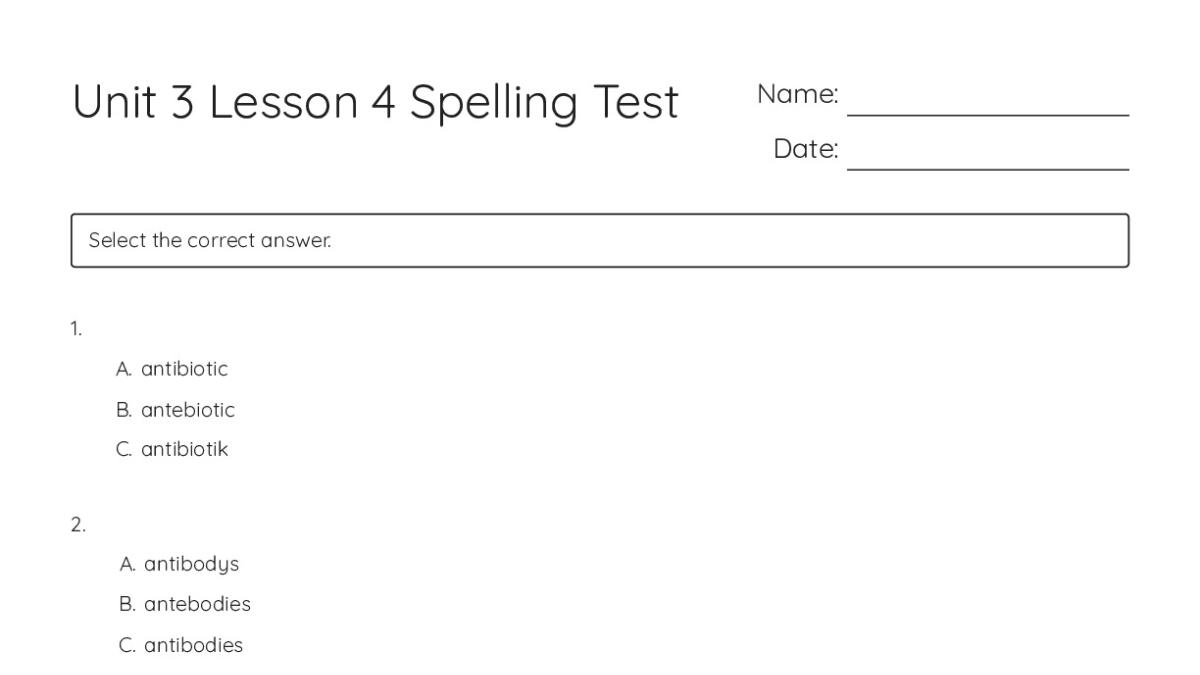 Unit 3 Lesson 4 Spelling Test - My Worksheet Maker: Create Your Own ...