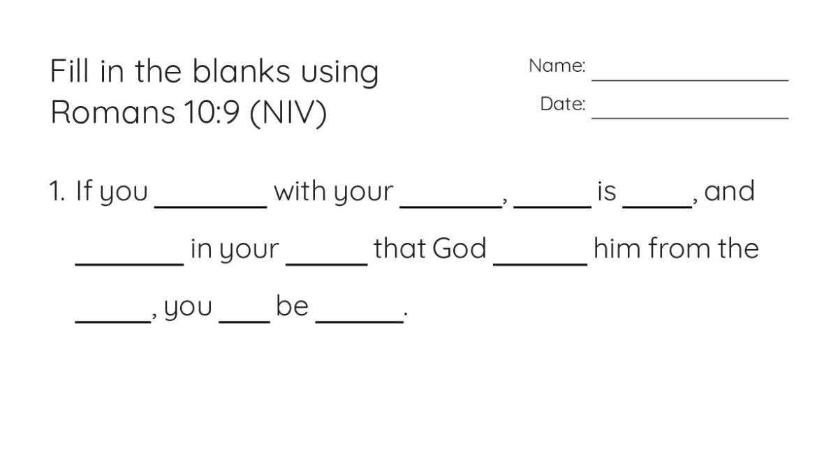 Fill in the blanks using Romans 10:9 (NIV) - My Worksheet Maker: Create ...