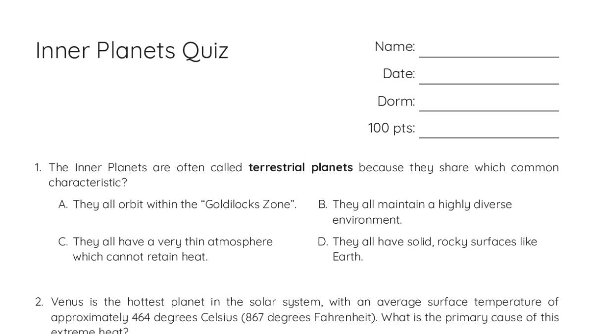 Inner Planets Quiz - My Worksheet Maker: Create Your Own Worksheets