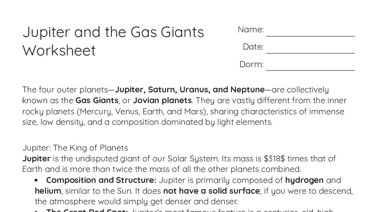 Jupiter and the Gas Giants Worksheet - My Worksheet Maker: Create Your ...
