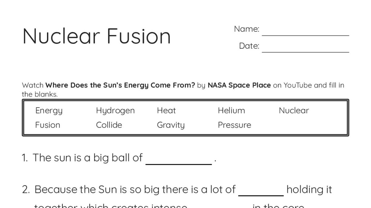 Nuclear Fusion - My Worksheet Maker: Create Your Own Worksheets