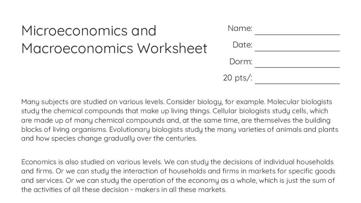 Microeconomics and Macroeconomics Worksheet - My Worksheet Maker ...