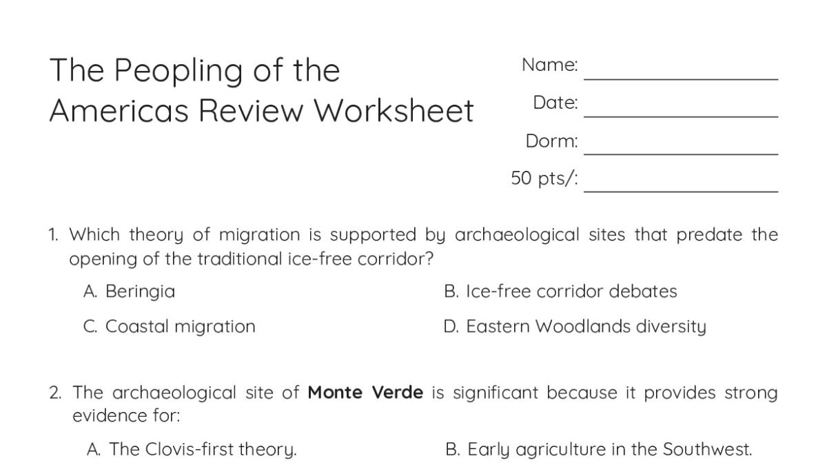 The Peopling of the Americas Review Worksheet - My Worksheet Maker ...