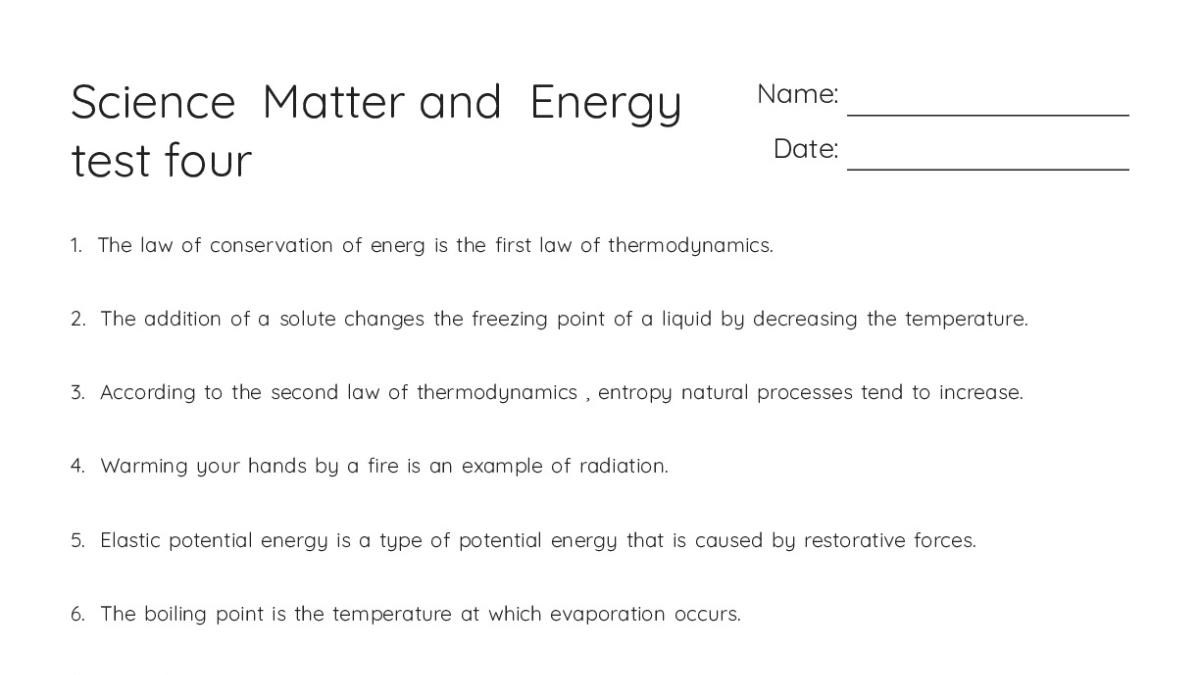 Science Matter and Energy test four - My Worksheet Maker: Create Your ...