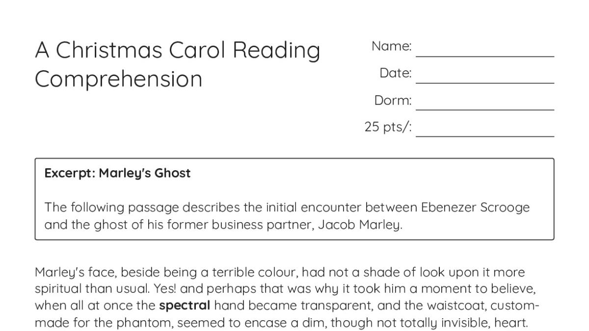 A Christmas Carol Reading Comprehension - My Worksheet Maker: Create ...