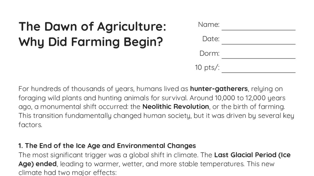 The Dawn of Agriculture: Why Did Farming Begin? - My Worksheet Maker ...
