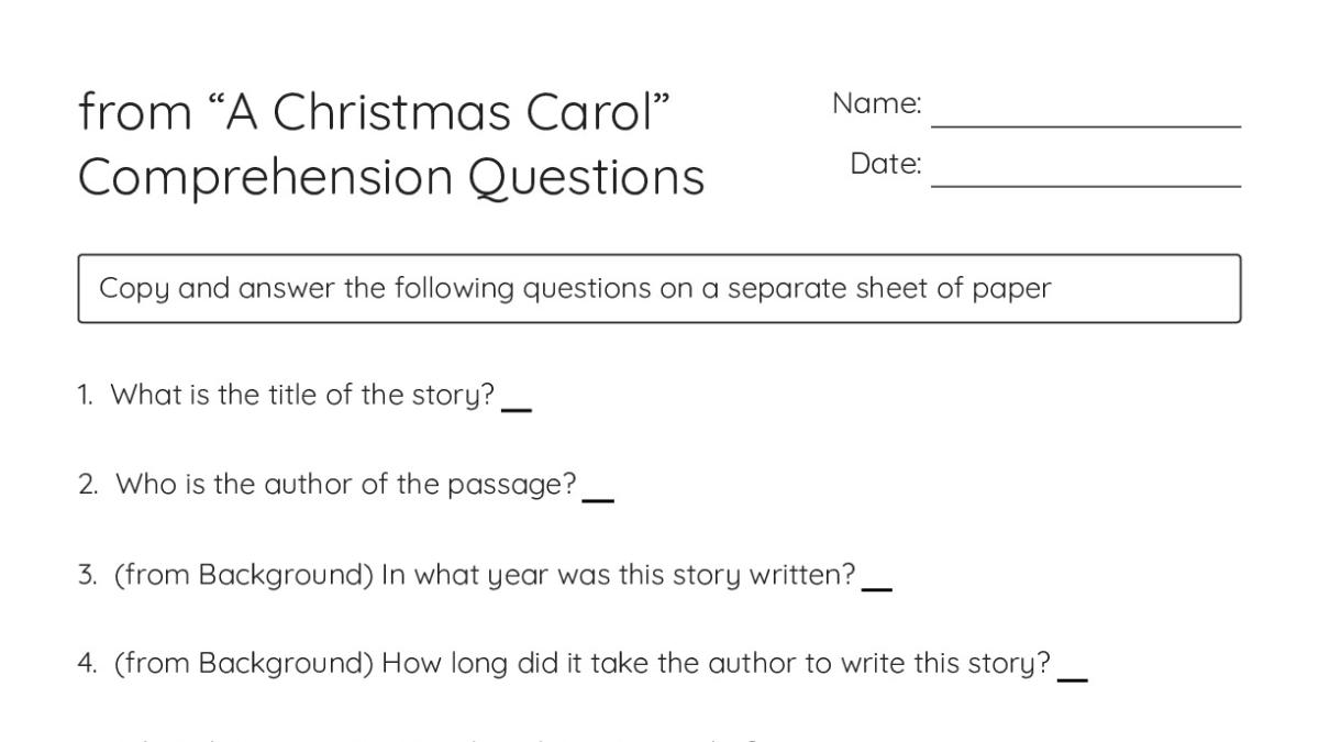from “A Christmas Carol” Comprehension Questions - My Worksheet Maker ...