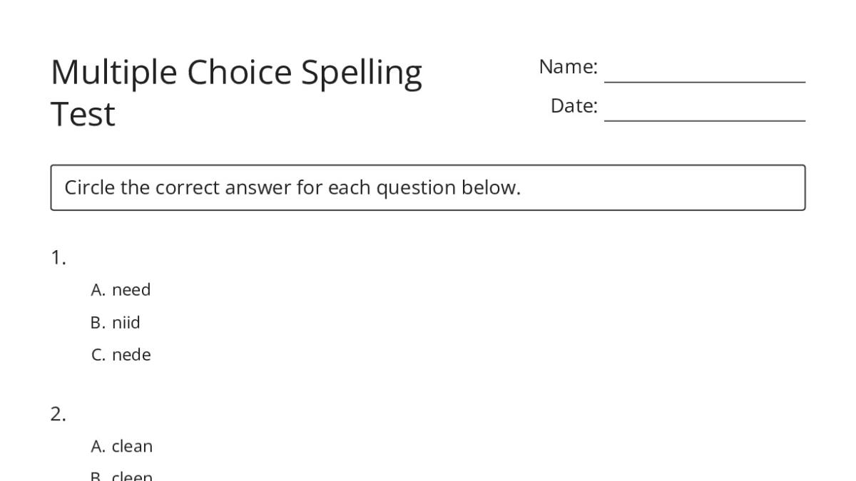 Multiple Choice Spelling Test - My Worksheet Maker: Create Your Own ...