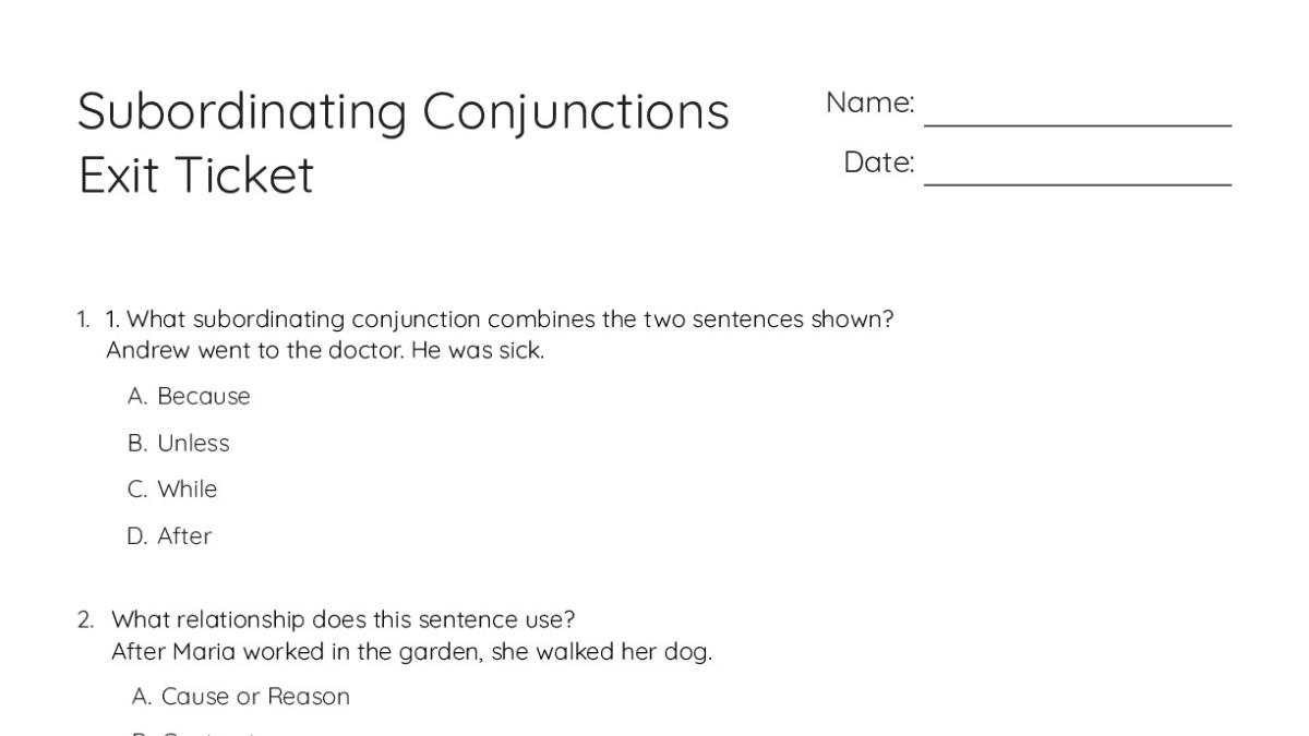 Subordinating Conjunctions Exit Ticket - My Worksheet Maker: Create ...