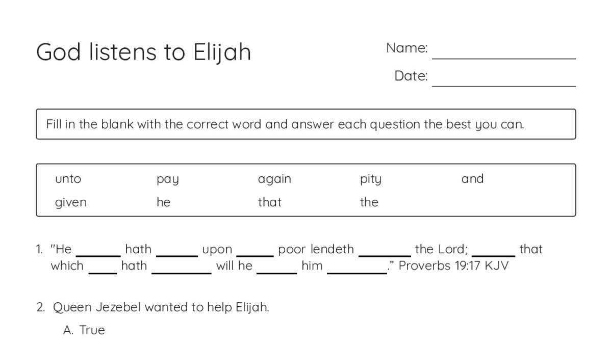 God listens to Elijah - My Worksheet Maker: Create Your Own Worksheets