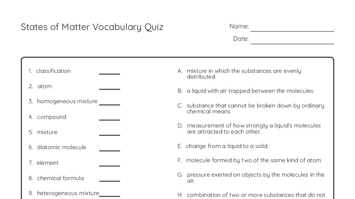 States of Matter Vocabulary Quiz - My Worksheet Maker: Create Your Own ...