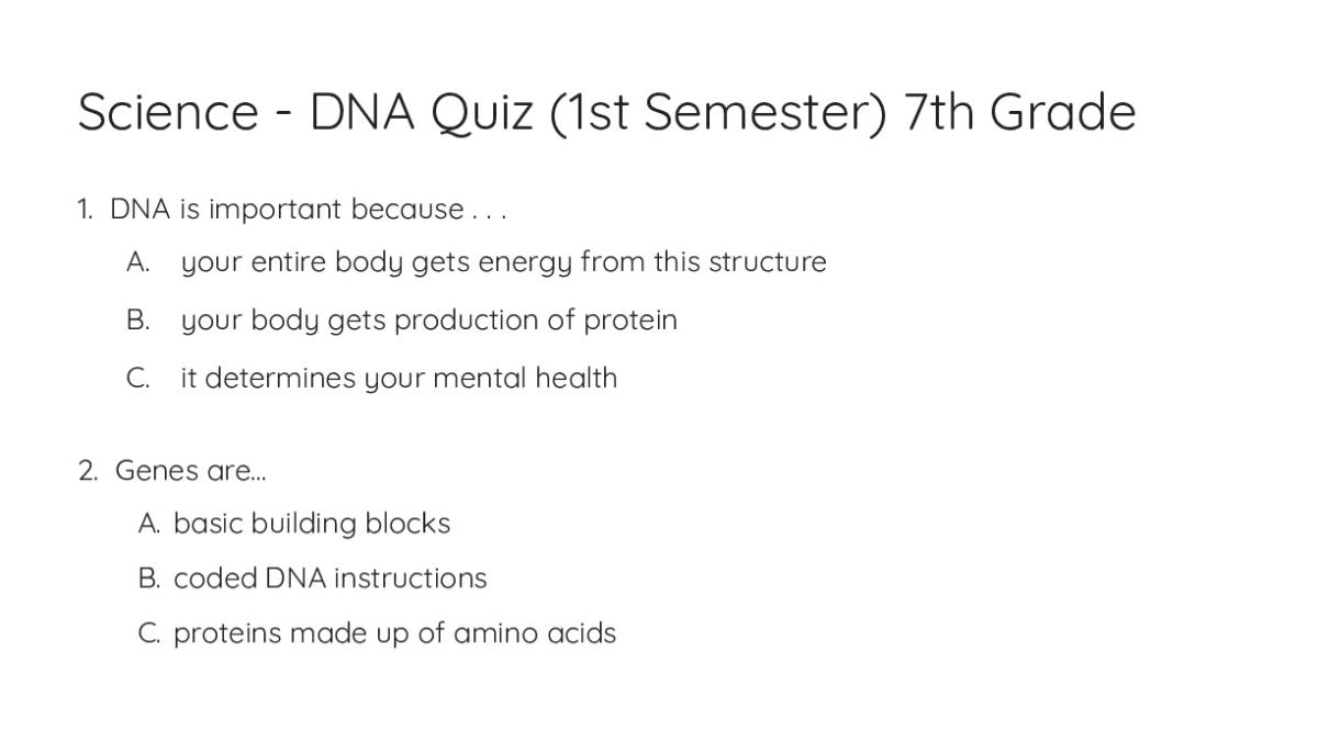 Science - DNA Quiz (1st Semester) 7th Grade - My Worksheet Maker ...
