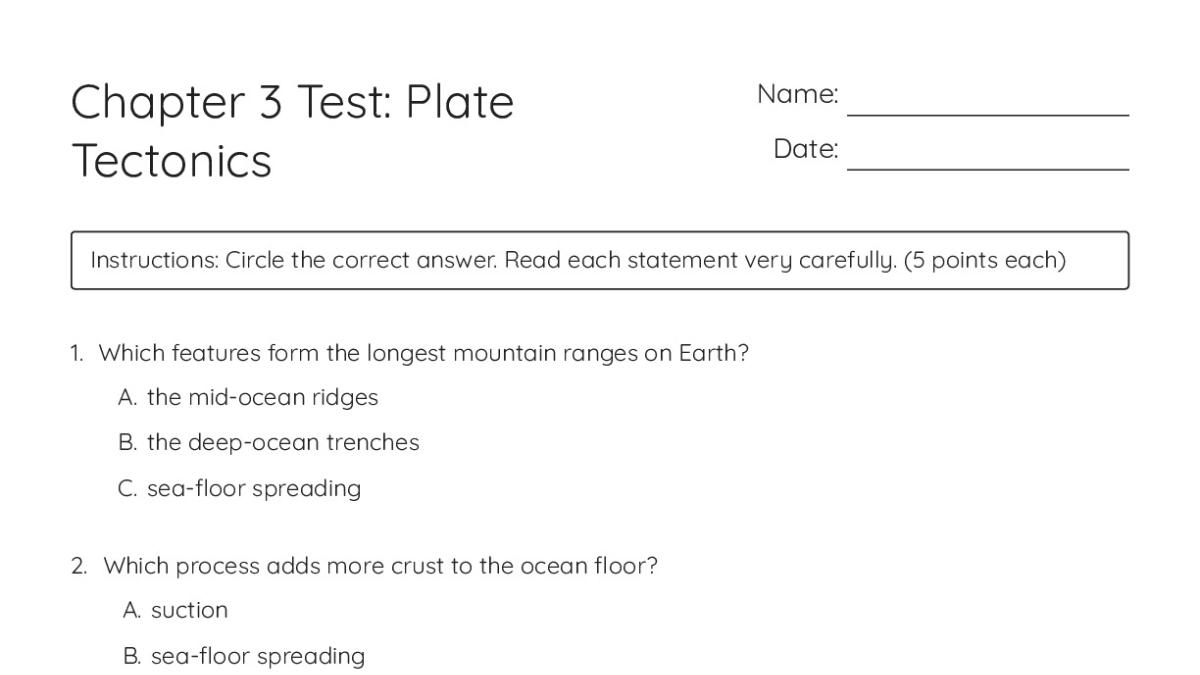 Chapter 3 Test: Plate Tectonics - My Worksheet Maker: Create Your Own ...