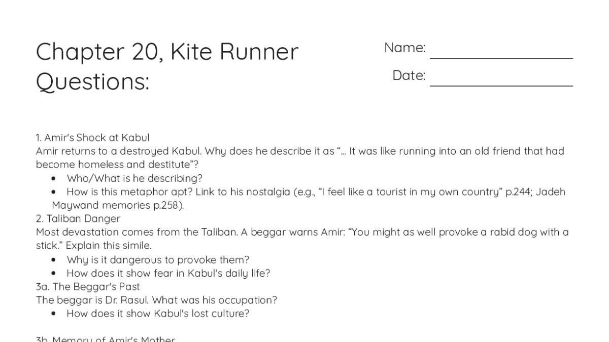 Chapter 20, Kite Runner Questions: - My Worksheet Maker: Create Your ...