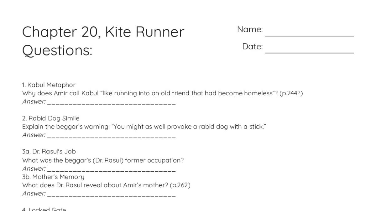 Chapter 20, Kite Runner Questions: - My Worksheet Maker: Create Your ...
