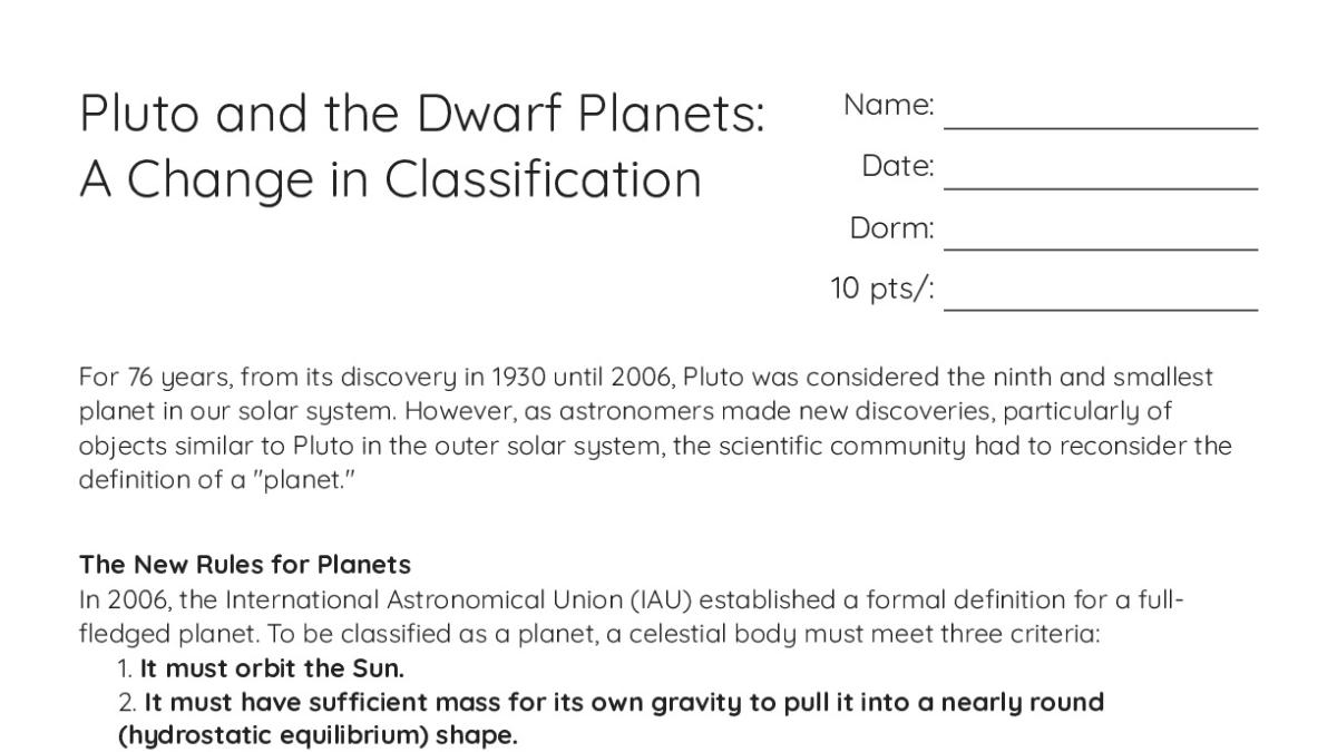 Pluto and the Dwarf Planets: A Change in Classification - My Worksheet ...
