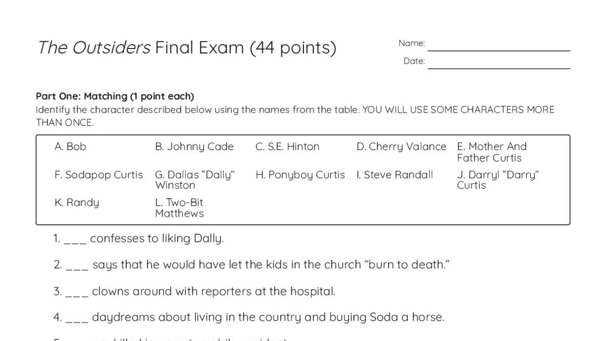 The Outsiders Final Exam (44 points) - My Worksheet Maker: Create Your ...