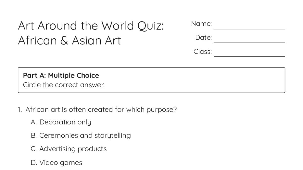 Art Around the World Quiz: African & Asian Art - My Worksheet Maker ...