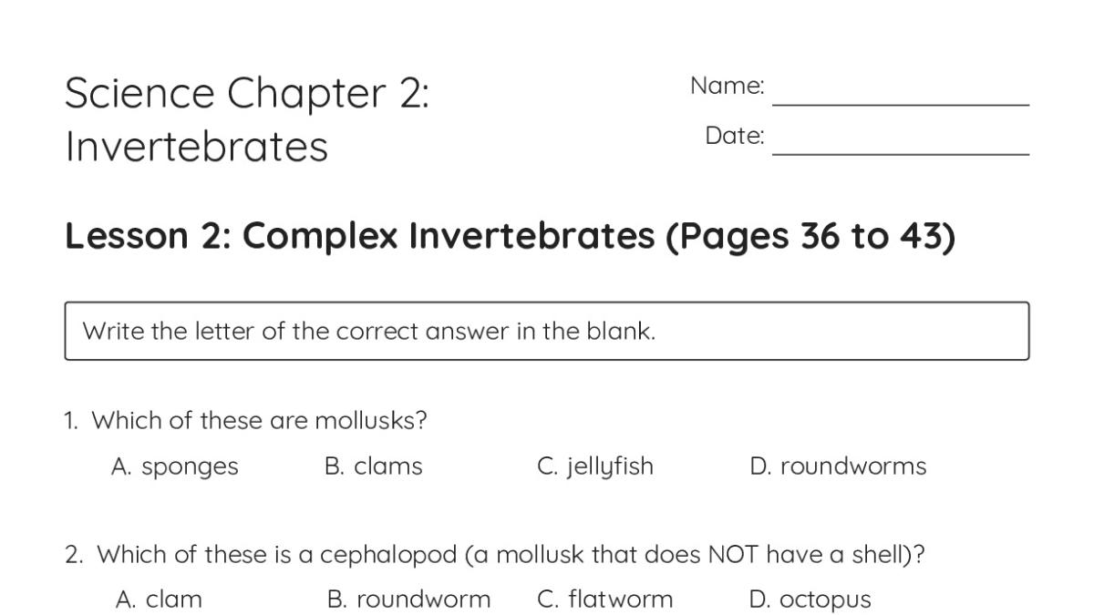 Science Chapter 2: Invertebrates - My Worksheet Maker: Create Your Own ...
