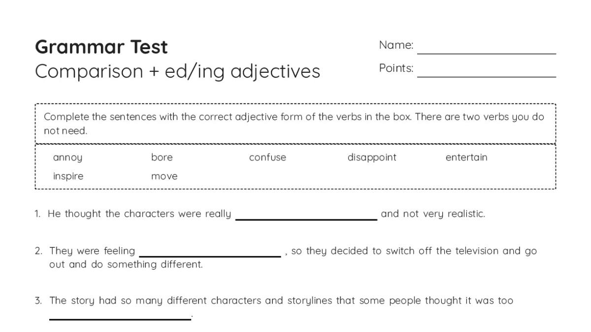 Grammar Test Comparison + ed/ing adjectives - My Worksheet Maker ...