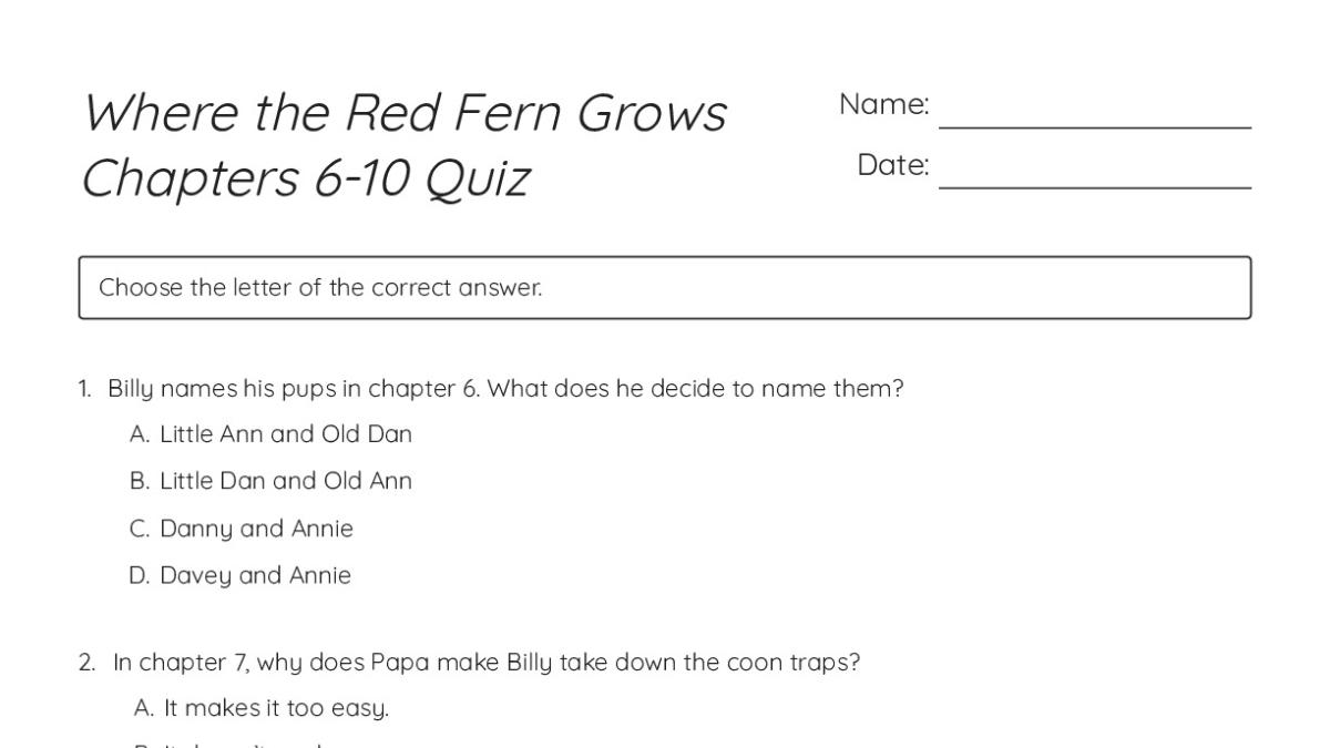 Where the Red Fern Grows Chapters 6-10 Quiz - My Worksheet Maker ...