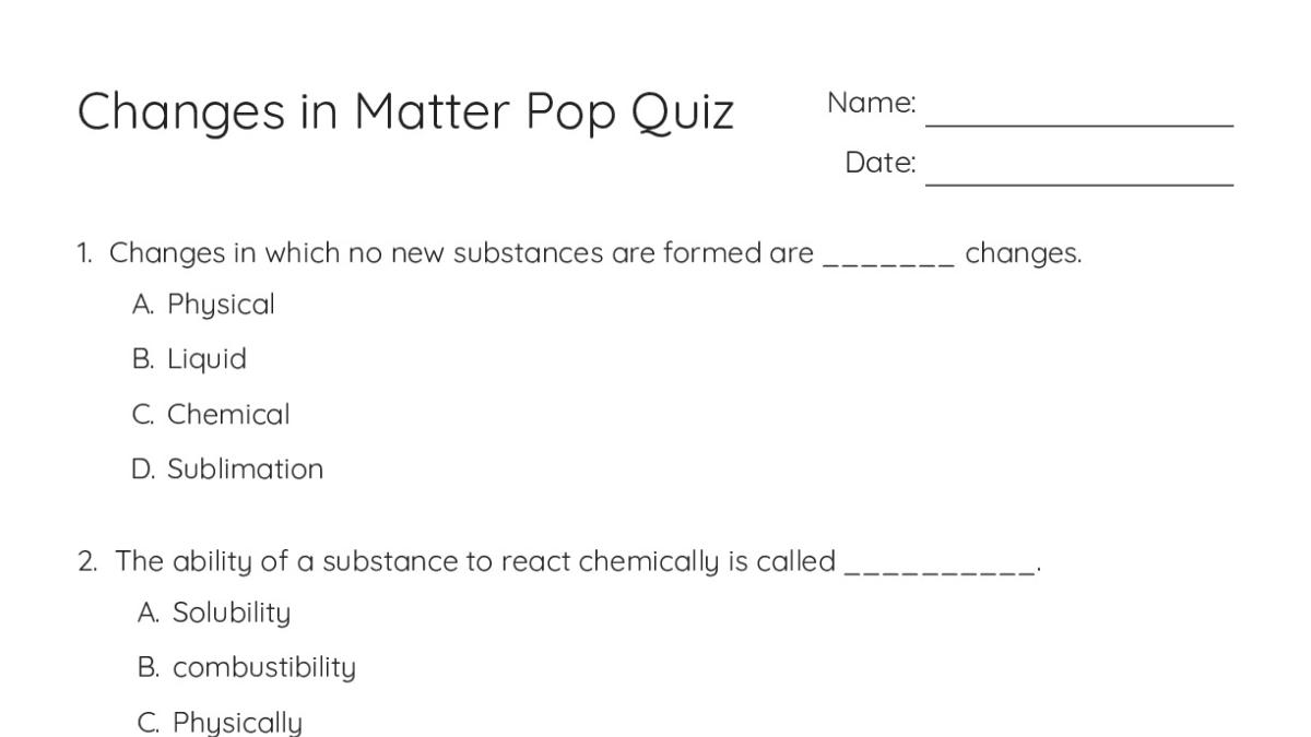 Changes in Matter Pop Quiz - My Worksheet Maker: Create Your Own Worksheets