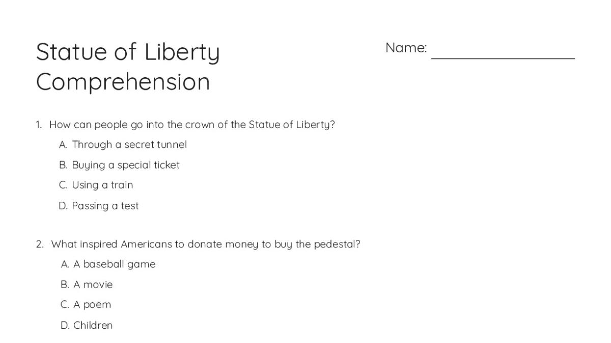 Statue of Liberty Comprehension - My Worksheet Maker: Create Your Own ...