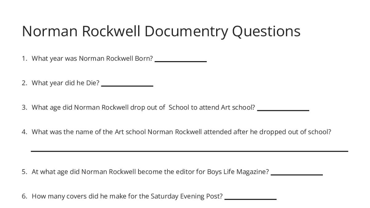 Norman Rockwell Documentry Questions - My Worksheet Maker: Create Your ...