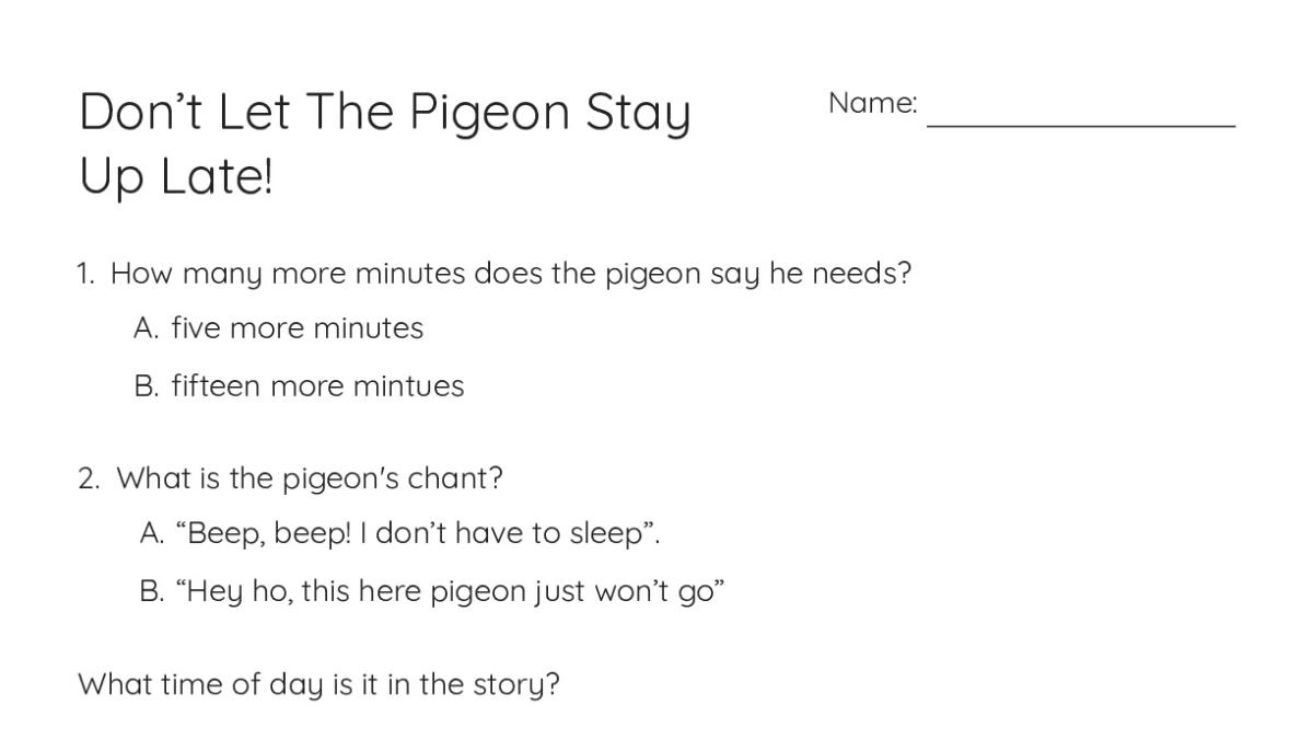 Don’t Let The Pigeon Stay Up Late! - My Worksheet Maker: Create Your ...