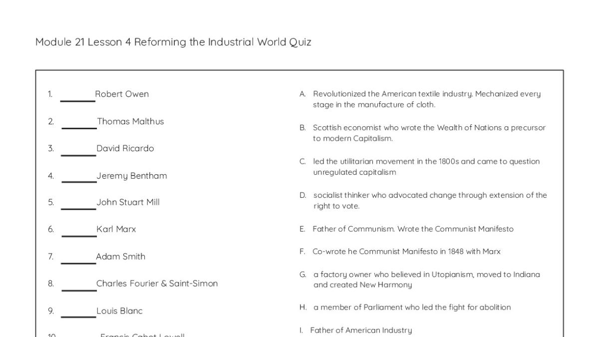 Module 21 Lesson 4 Reforming the Industrial World Quiz - My Worksheet ...