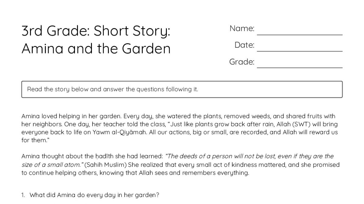 3rd Grade: Short Story: Amina and the Garden - My Worksheet Maker ...