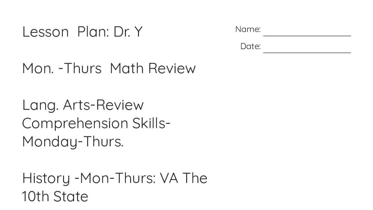 Lesson Plan: Dr. Y Mon. -Thurs Math Review Lang. Arts-Review ...