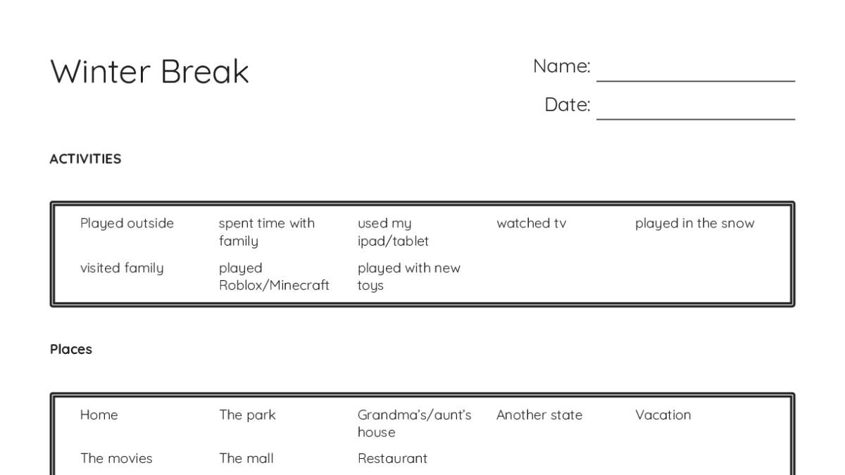 Winter Break - My Worksheet Maker: Create Your Own Worksheets