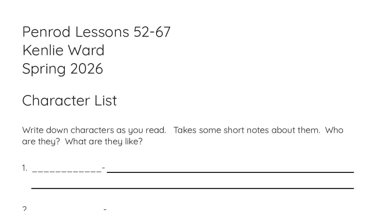 Penrod Lessons 52-67 Kenlie Ward Spring 2026 - My Worksheet Maker ...