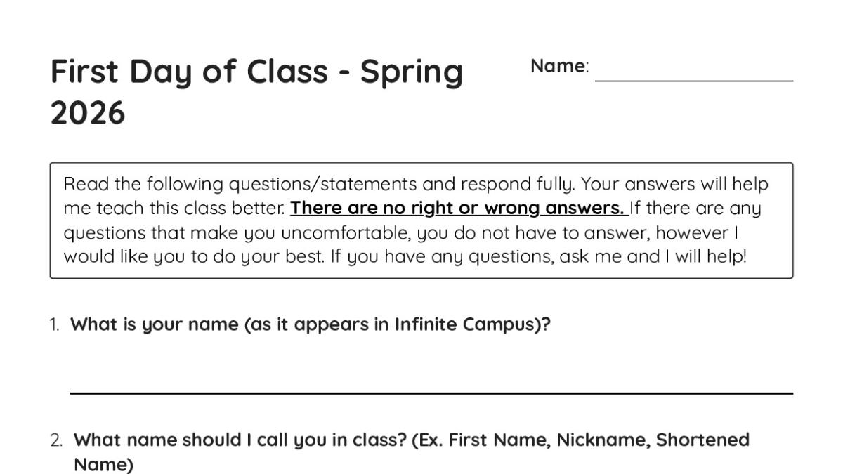 First Day of Class - Spring 2026 - My Worksheet Maker: Create Your Own ...